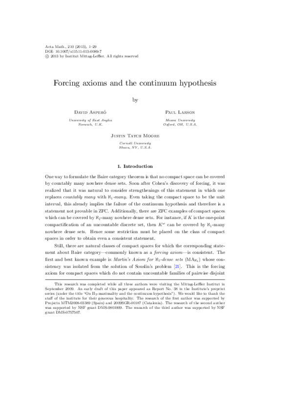 (PDF) Forcing axioms and the continuum hypothesis