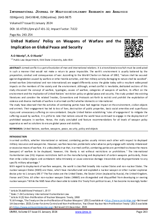 (PDF) United Nations' Policy on Weapons of Warfare and the Implication ...