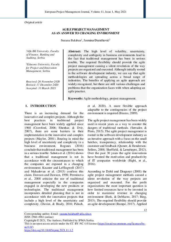 (PDF) Agile Project Management as an Answer to Changing Environment