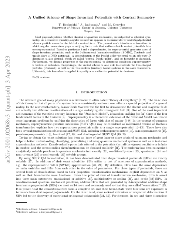 (PDF) A Unified Scheme of Shape Invariant Potentials with Central Symmetry in 3-Dimensions