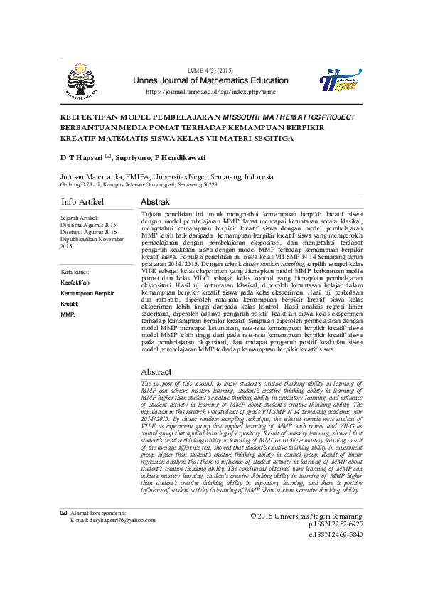 (PDF) Keefektifan Pembelajaran Model Missouri Mathematics Project ...