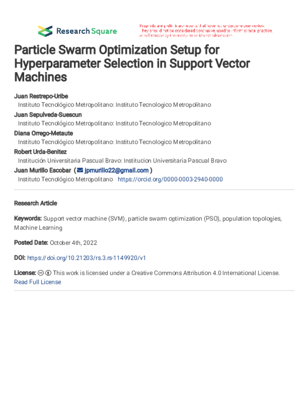 (PDF) Particle Swarm Optimization Setup for Hyperparameter Selection in Support Vector Machines