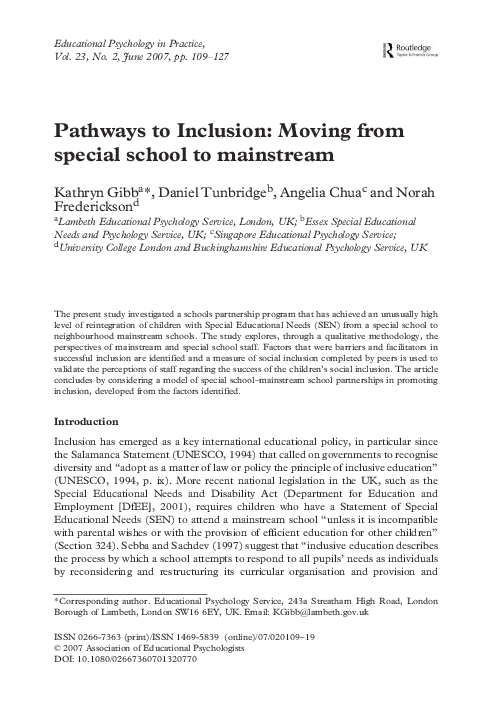 (PDF) Pathways to Inclusion: Moving from special school to mainstream