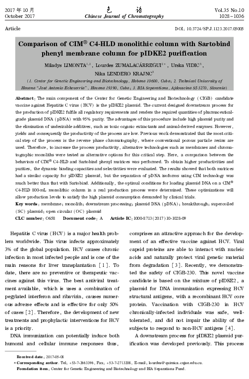 (PDF) Comparison of CIM ® C4-HLD monolithic column with Sartobind ...