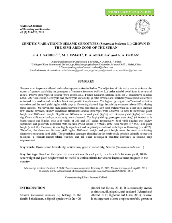 (PDF) Genetic variation in sesame genotypes (Sesamum indicum L.) grown ...