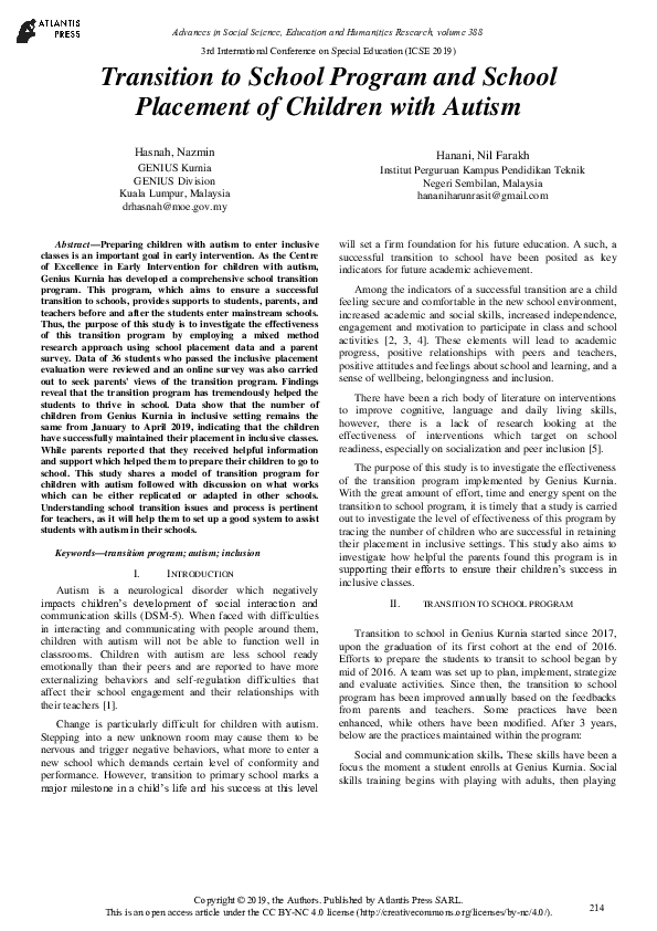 (PDF) Transition to School Program and School Placement of Children with Autism