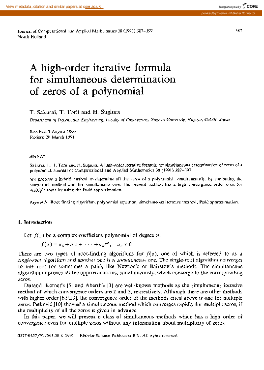 Pdf A High Order Iterative Formula For Simultaneous Determination Of Zeros Of A Polynomial
