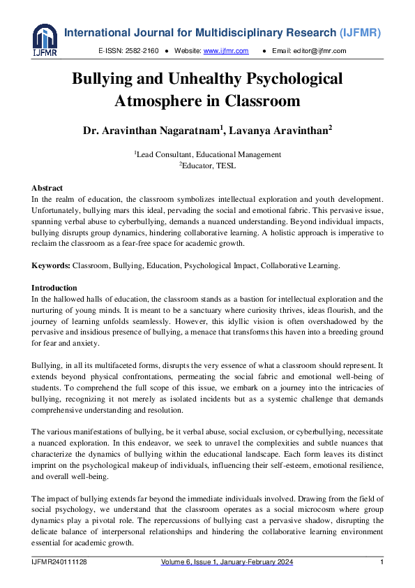 (PDF) Bullying and Unhealthy Psychological Atmosphere in Classroom