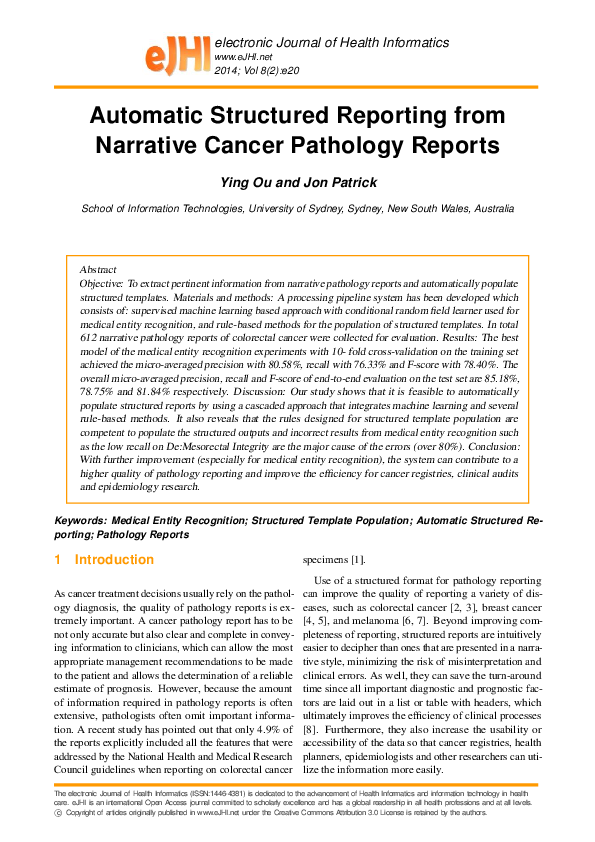 (PDF) Automatic Structured Reporting from Narrative Cancer Pathology Reports