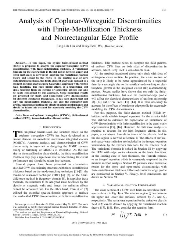 Pdf Analysis Of Coplanar Waveguide Discontinuities With Finite Metallization Thickness And