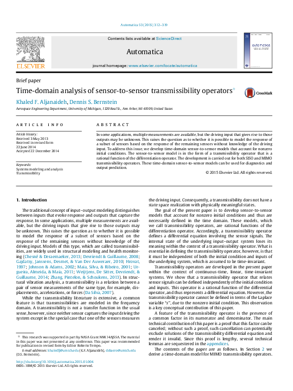 (PDF) Time-domain analysis of sensor-to-sensor transmissibility operators