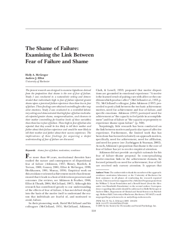 (PDF) The Shame of Failure: Examining the Link Between Fear of Failure ...