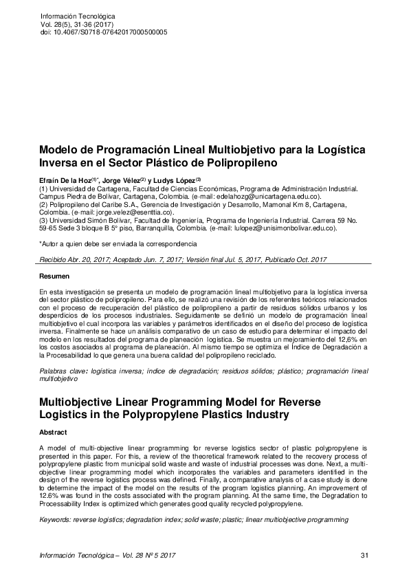 (PDF) Modelo de Programación Lineal Multiobjetivo para la Logística Inversa en el Sector ...