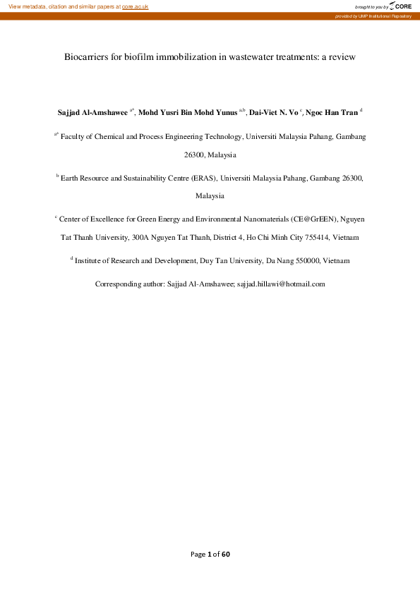 (PDF) Biocarriers for biofilm immobilization in wastewater treatments ...