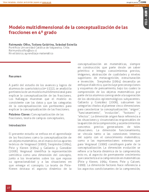(PDF) Modelo multidimensional de la conceptualización de las fracciones en 4º grado