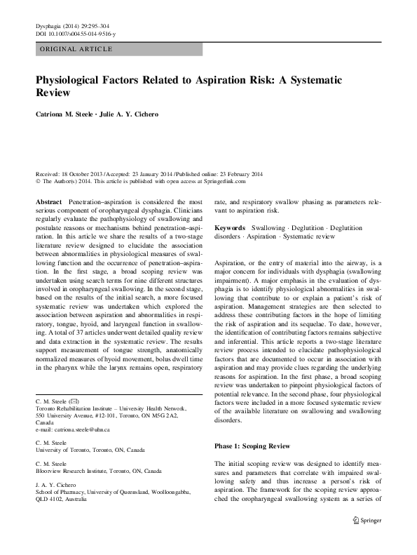 (PDF) Physiological Factors Related to Aspiration Risk: A Systematic Review