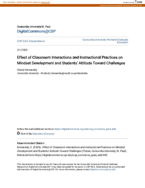 (PDF) Effect of Classroom Interactions and Instructional Practices on Mindset Development and ...