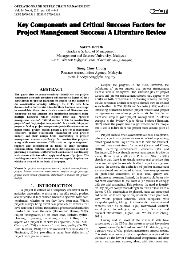 (PDF) Key Components and Critical Success Factors for Project ...