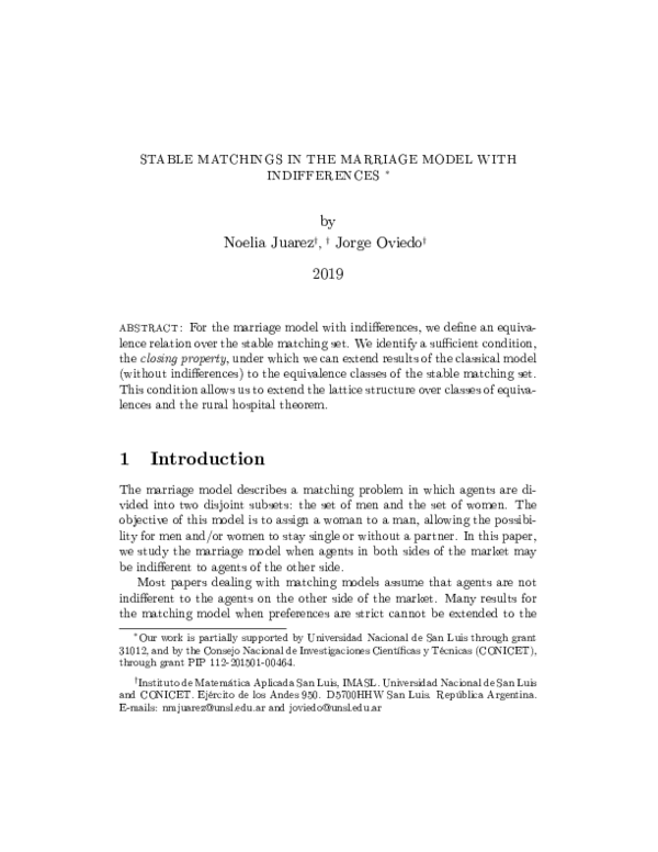 (PDF) Stable Matchings in the Marriage Model with Indifferences