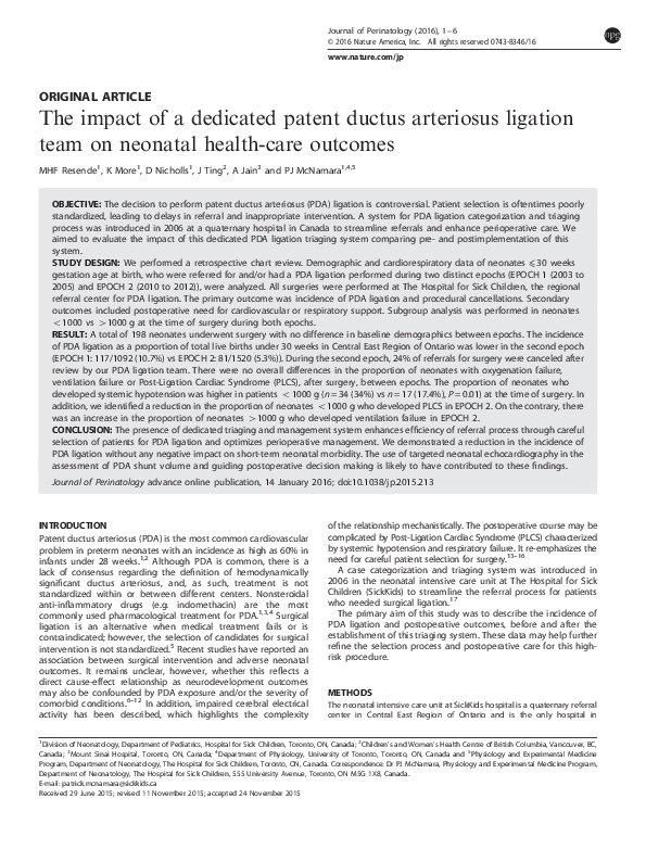 (PDF) The impact of a dedicated patent ductus arteriosus ligation team ...