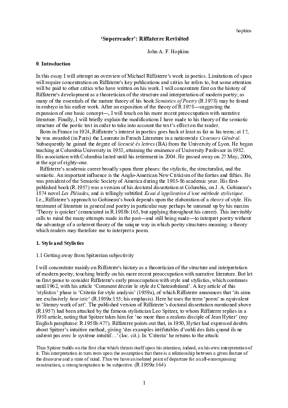 (DOC) 'Superreader': Riffaterre Revisited