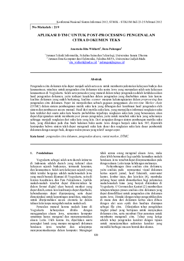 (PDF) Aplikasi DTMC Untuk Post Proses Pengenalan Citra Dokumen Teks