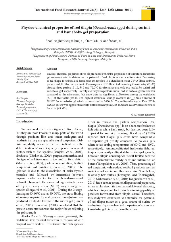 (PDF) Physico-chemical properties of red tilapia (Oreochromis spp.) during surimi and kamaboko ...