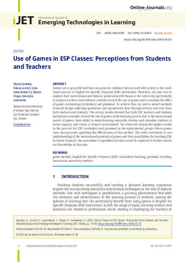 (PDF) Use of Games in ESP Classes: Perceptions from Students and Teachers