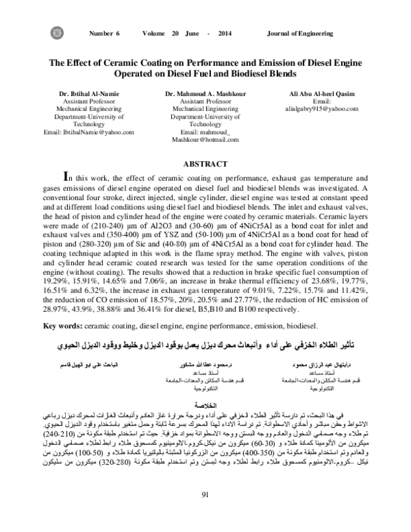 (PDF) The Effect of Ceramic Coating on Performance and Emission of ...