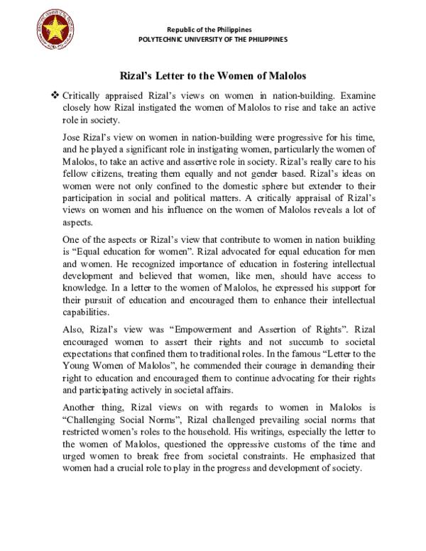 (DOC) Rizal's Letter to the Women of Malolos