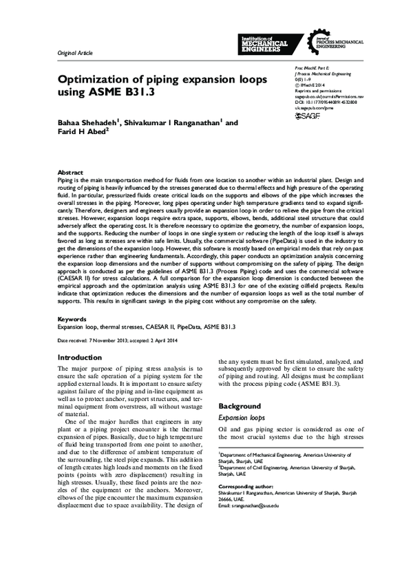 (PDF) Optimization of piping expansion loops using ASME B31.3
