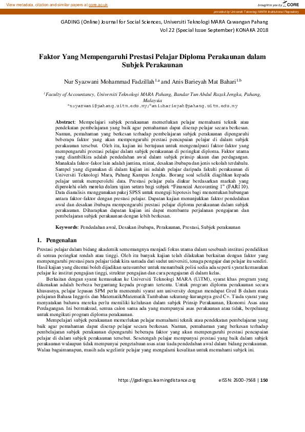 (PDF) Faktor Yang Mempengaruhi Prestasi Pelajar Diploma Perakaunan dalam Subjek Perakaunan