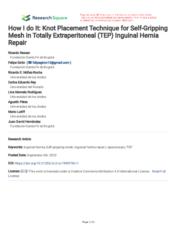 (PDF) How I do It: Knot Placement Technique for Self-Gripping Mesh in Totally Extraperitoneal ...