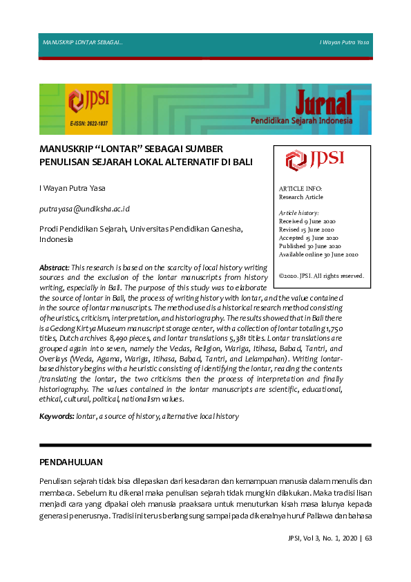 (PDF) Manuskrip “Lontar” Sebagai Sumber Penulisan Sejarah Lokal Alternatif DI Bali