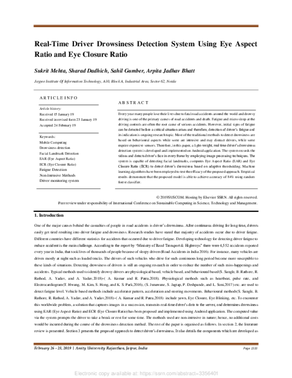 Pdf Real Time Driver Drowsiness Detection System Using Cascaded