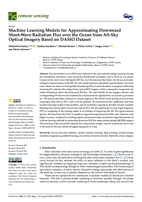 (PDF) Machine Learning Models for Approximating Downward Short-Wave Radiation Flux over the ...