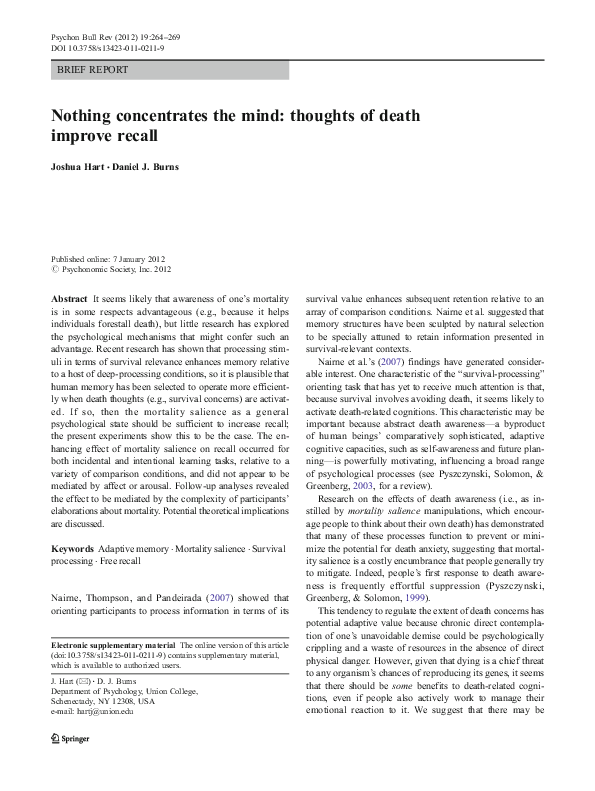 (PDF) Nothing concentrates the mind: thoughts of death improve recall
