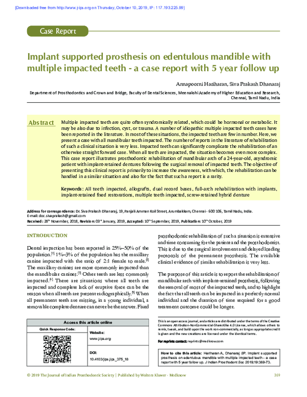 (PDF) Implant supported prosthesis on edentulous mandible with multiple ...