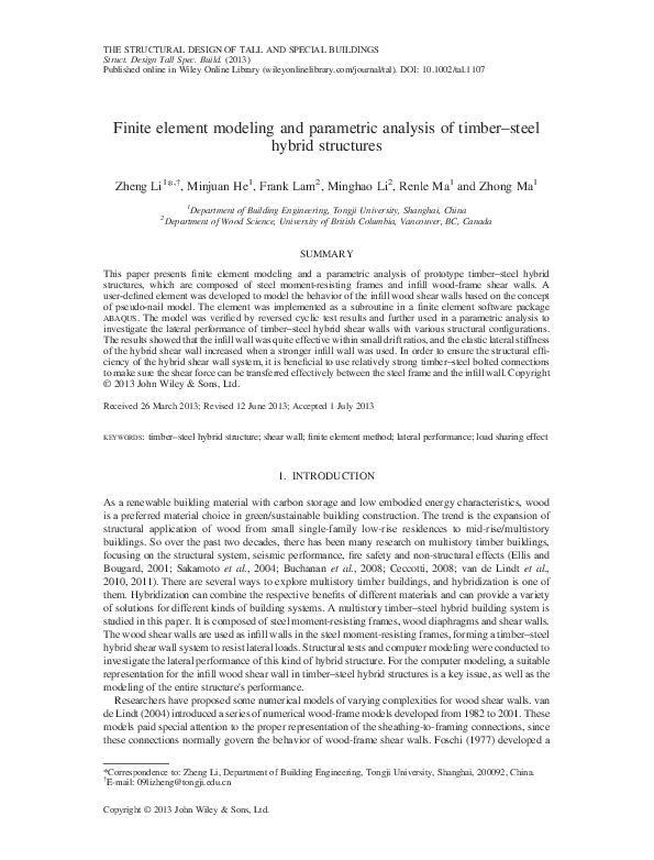Pdf Finite Element Modeling And Parametric Analysis Of Timber Steel