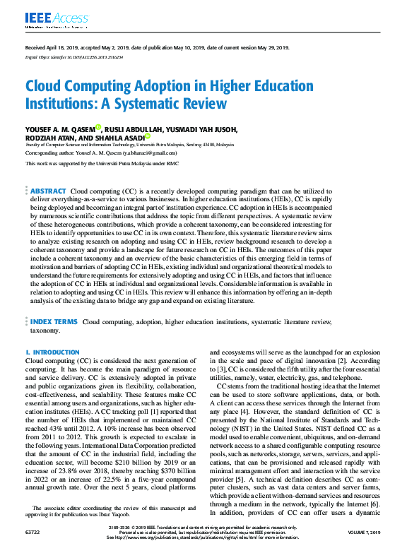 (PDF) Cloud Computing Adoption in Higher Education Institutions: A Systematic Review