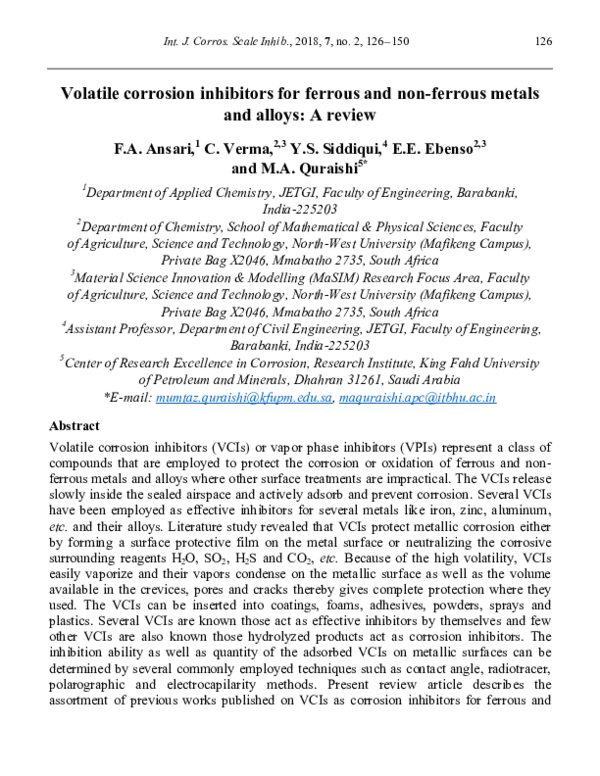 (PDF) Volatile corrosion inhibitors for ferrous and non-ferrous metals ...