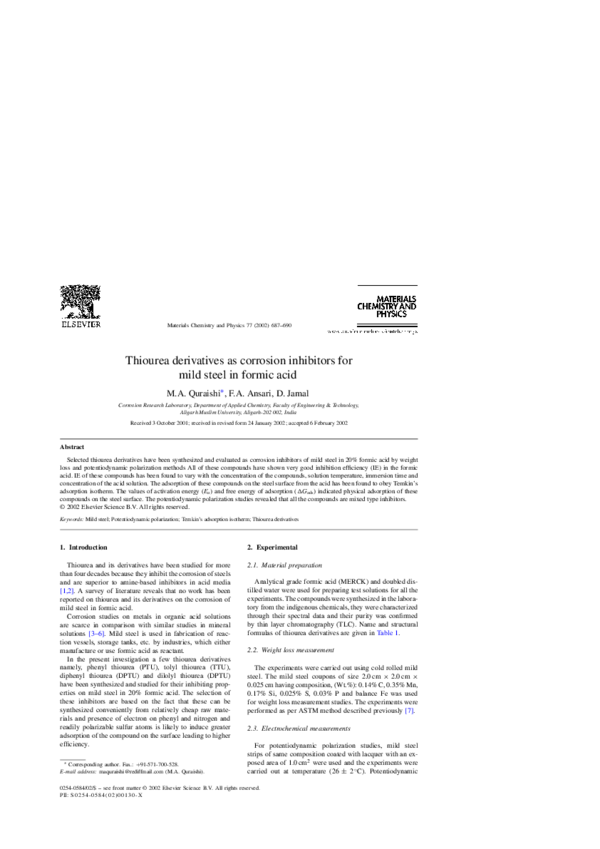 (PDF) Thiourea derivatives as corrosion inhibitors for mild steel in ...