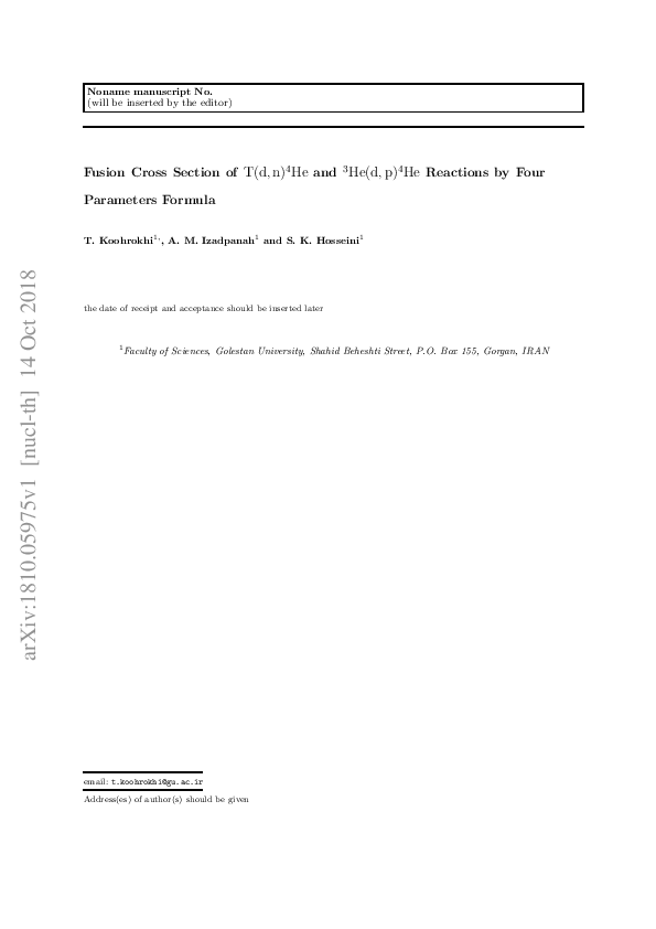 (PDF) Fusion Cross Section of $${\mathrm{T(d,n)}}^{4}{\mathrm{He}}$$ T ...
