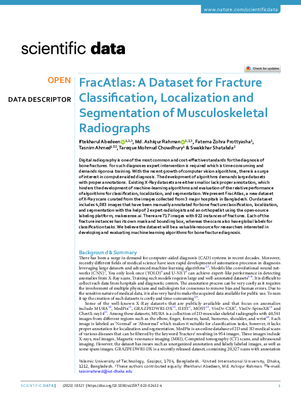(PDF) FracAtlas: A Dataset for Fracture Classification, Localization ...