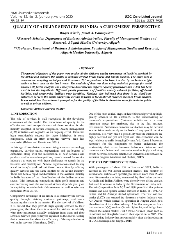 (PDF) QUALITY OF AIRLINE SERVICES IN INDIA: A CUSTOMERS' PERSPECTIVE
