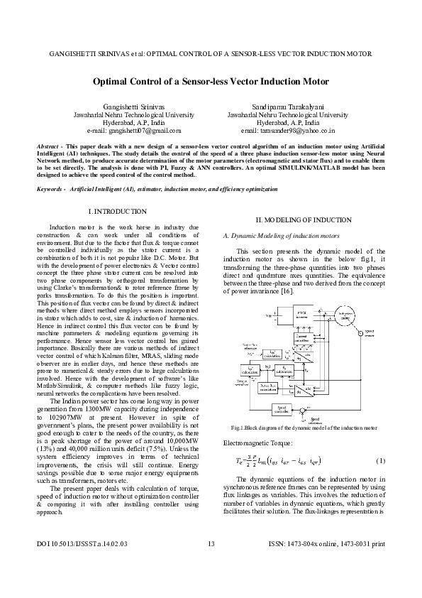 (PDF) Optimal Control of a Sensor-less Vector Induction Motor | srinivas gangishetti - Academia.edu