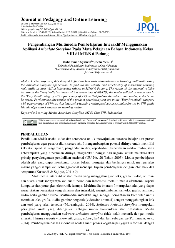 (PDF) Pengembangan Multimedia Pembelajaran Interaktif Menggunakan Aplikasi Articulate Storyline