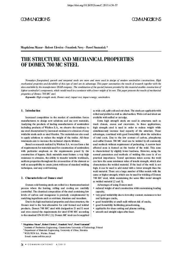 (PDF) The Structure and Mechanical Properties of Domex 700 MC Steel