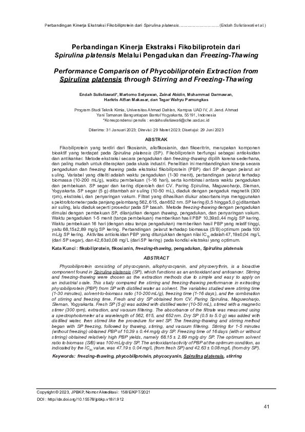 (PDF) Perbandingan Kinerja Ekstraksi Fikobiliprotein dari Spirulina ...