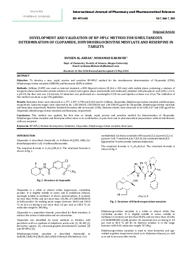 Pdf Development And Validation Of Rp Hplc Method For Simultaneous Determination Of Clopamide